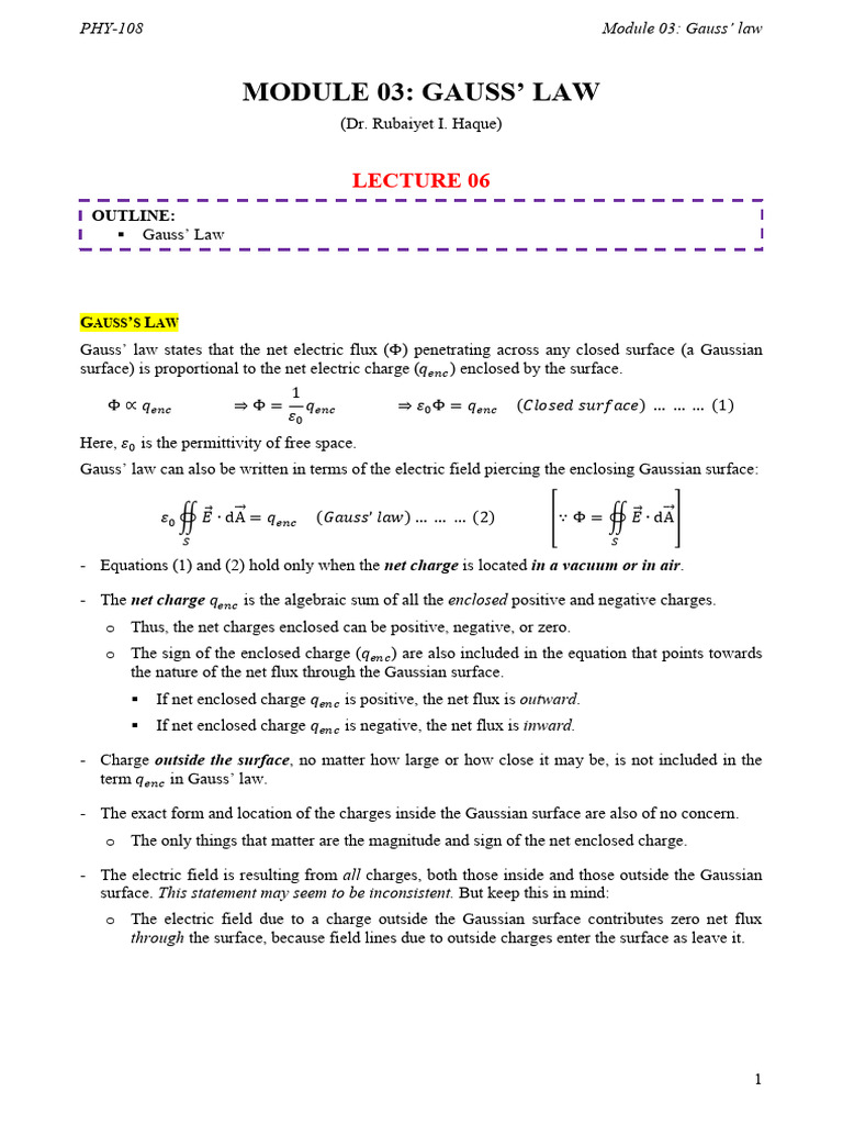 LECTURE 06 - Module 03 - Gauss Law | PDF | Electric Field | Flux
