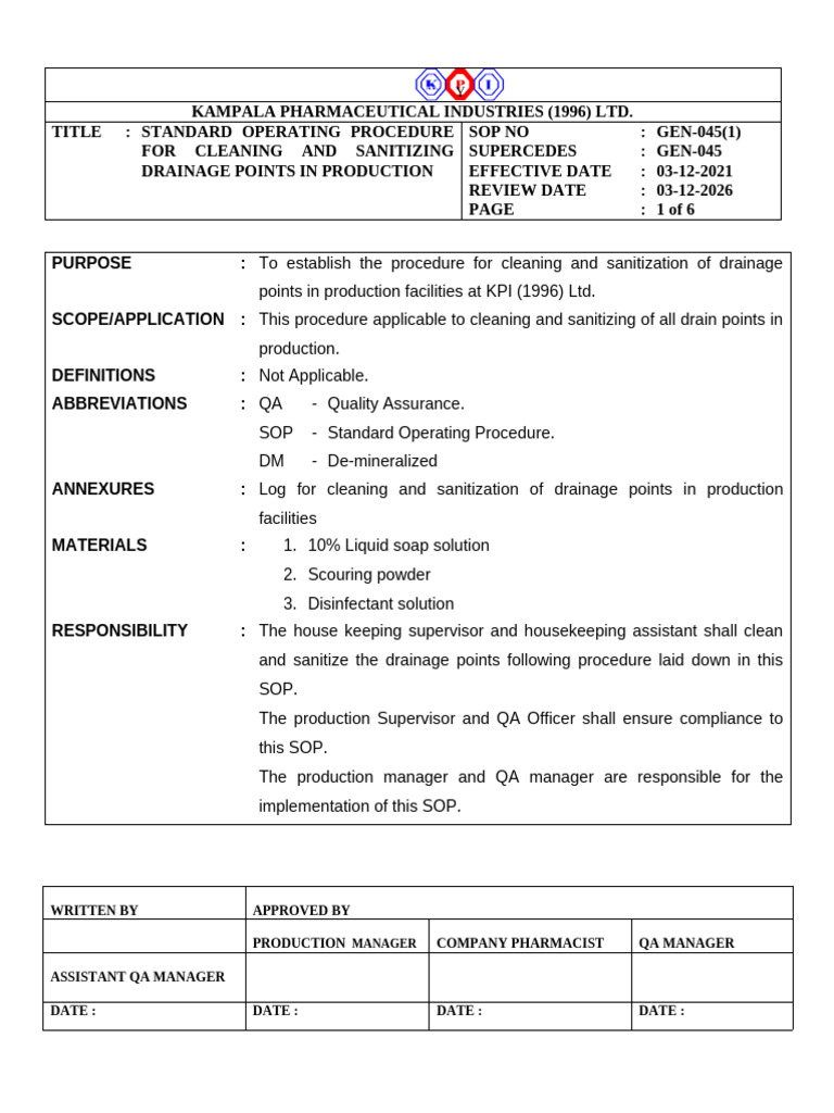 SOP for Cleaning Drainage Points | PDF | Cleaning | Hygiene