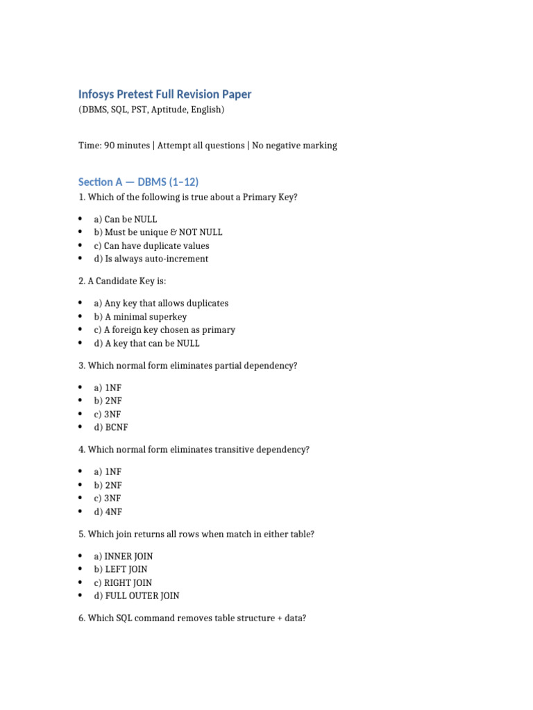 Infosys Pretest Revision Paper Full | PDF | Information Technology ...