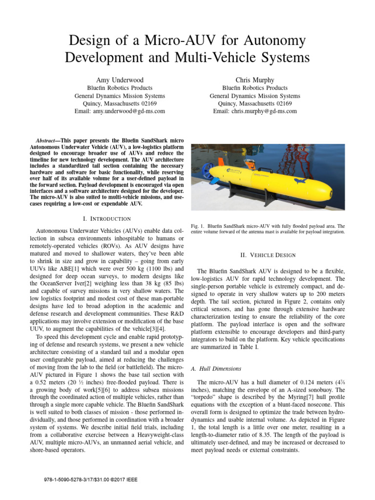 Bluefin Auv-Design of A Micro-AUV For Autonomy Development and Multi ...
