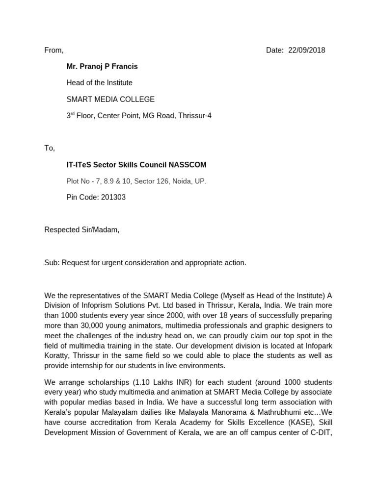 IT-ITeS Sector Skills Council NASSCOM Affiliation Request Letter | PDF