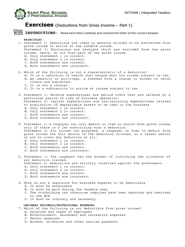 Deductions From Gross Income Exercises - Part 1 | PDF | Tax Deduction ...