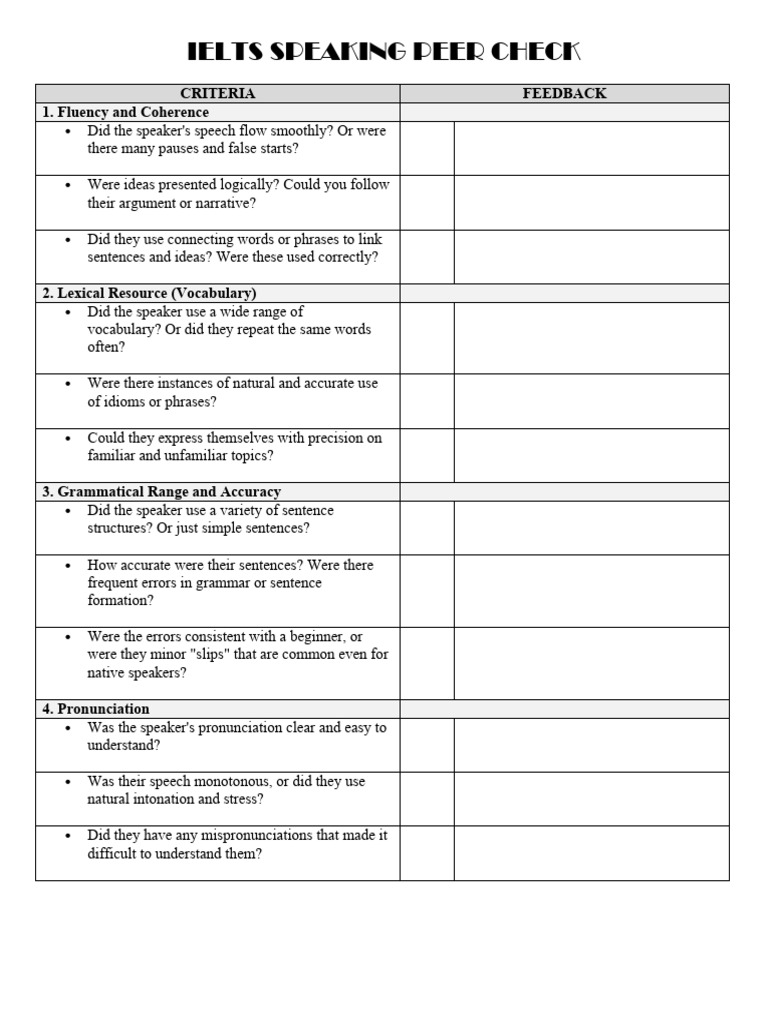 IELTS Speaking Peer Check Criteria | PDF