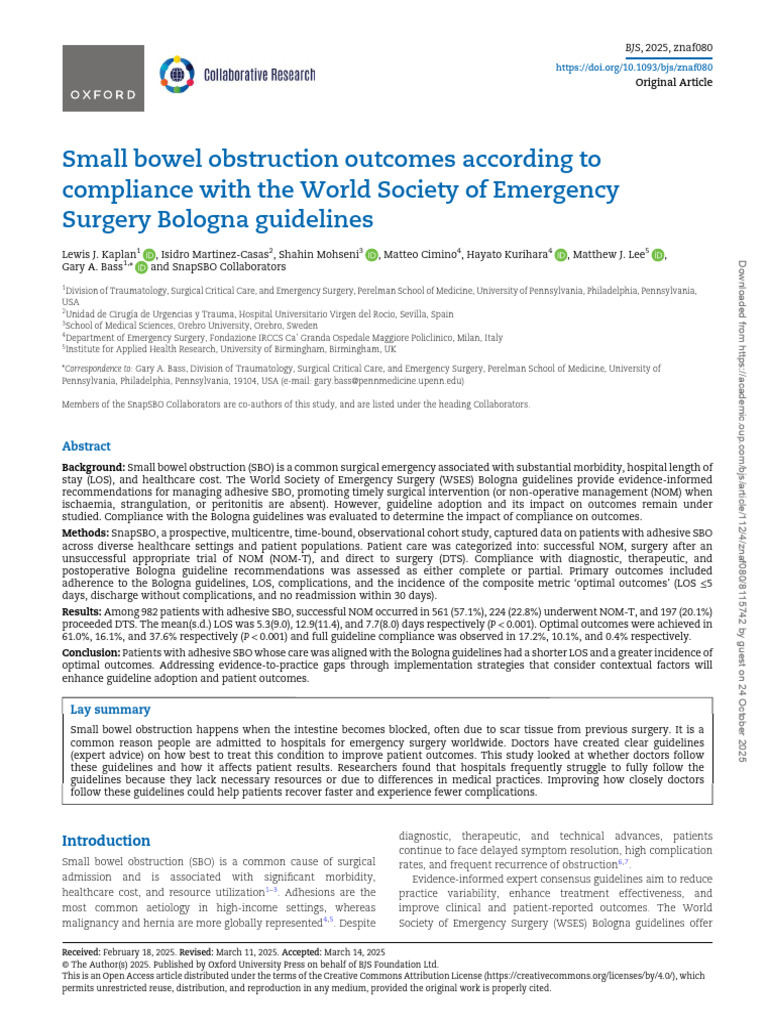 Small Bowel Obstruction Outcomes According To Compliance With The World ...