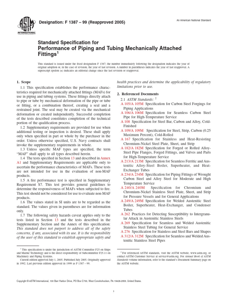 ASTM F 1387 (99; R 05) - Mechanically Attached Fitting Test | PDF ...