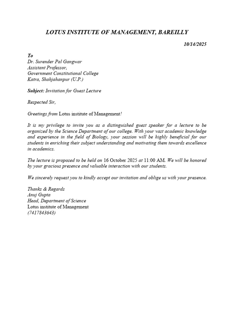 Invitation For Guest Lecture Science | PDF
