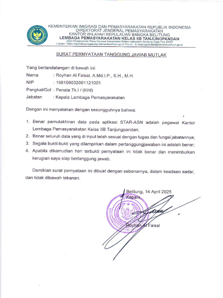 SPTJM Star Asn Lapas Kelas Iib Tanjungpandan | PDF