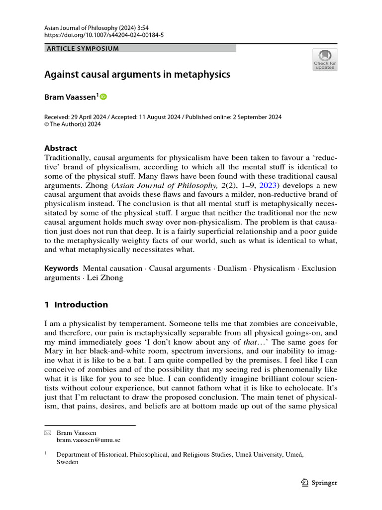 Against Causal Arguments in Metaphysics: Bram Vaassen | PDF | Causality ...