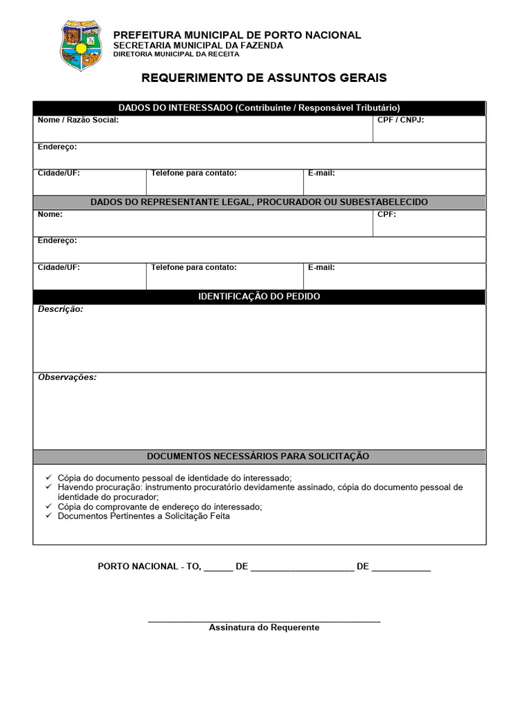 Requerimento de Assuntos Gerais - Porto Nacional | PDF