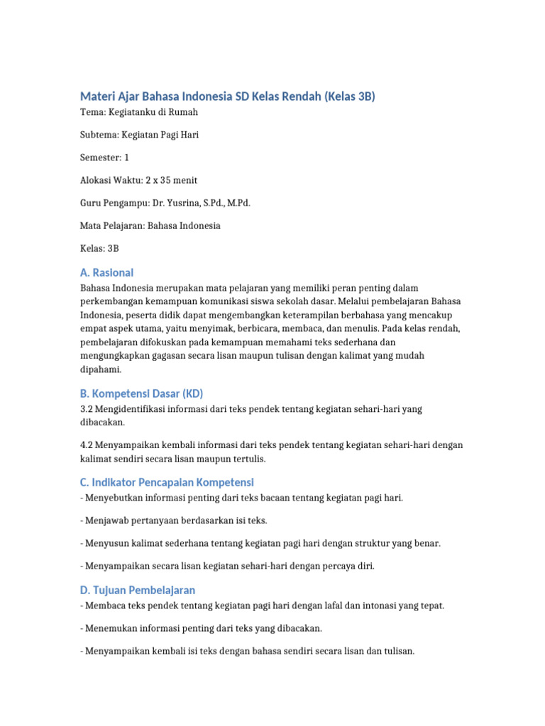 Materi Ajar Bahasa Indonesia SD Kelas 3B | PDF
