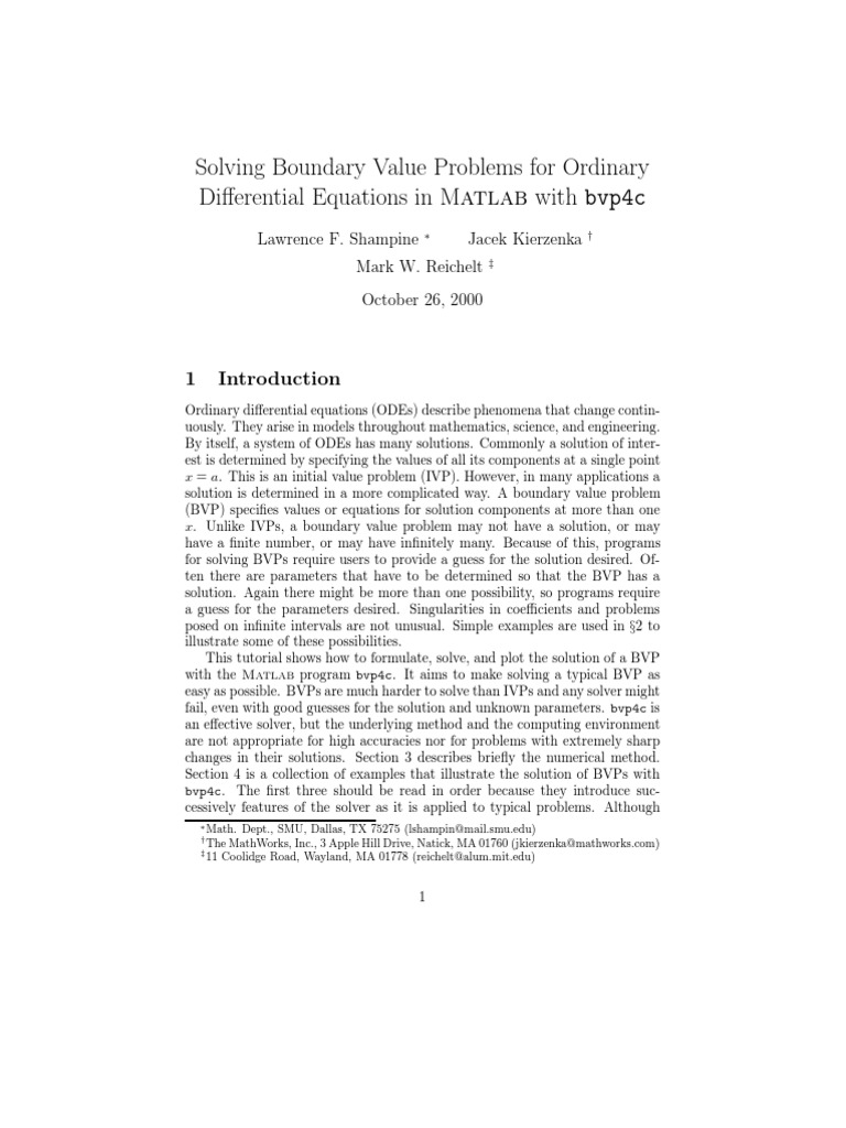Solving Boundary Value Problems For Ordinary Differential Equations in Matlab With bvp4c | PDF ...