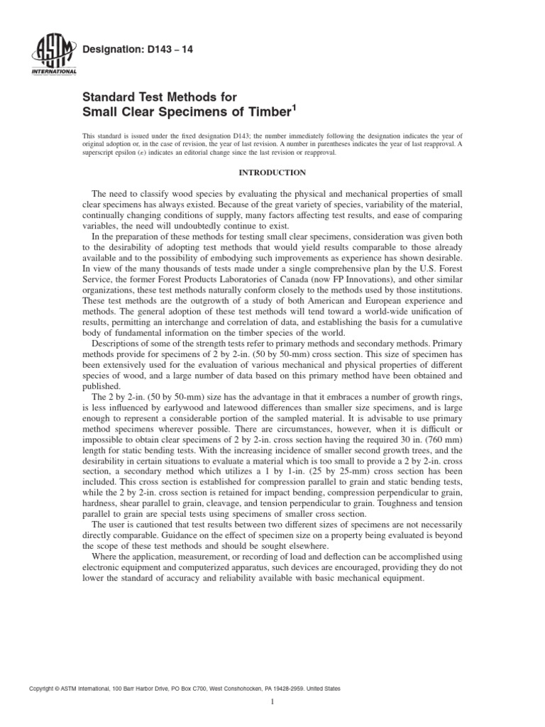 Timber Strength Testing Methods D143-14 | PDF | Wood | Lumber