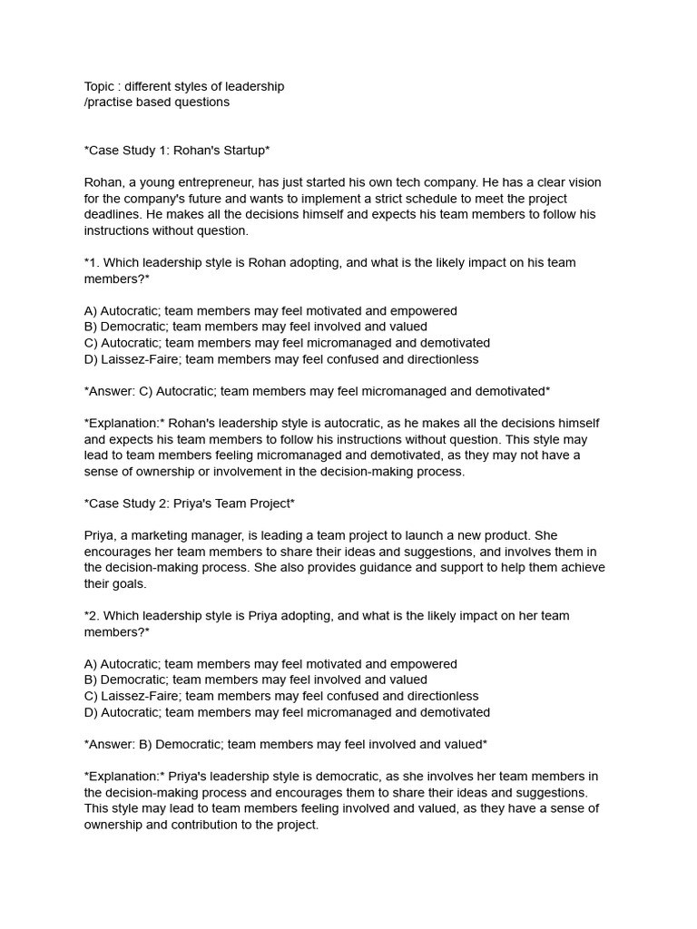 Leadership Styles and Team Impact Analysis | PDF | Leadership ...