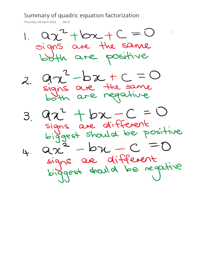 Summary of Quadratic Equation Factorization | PDF