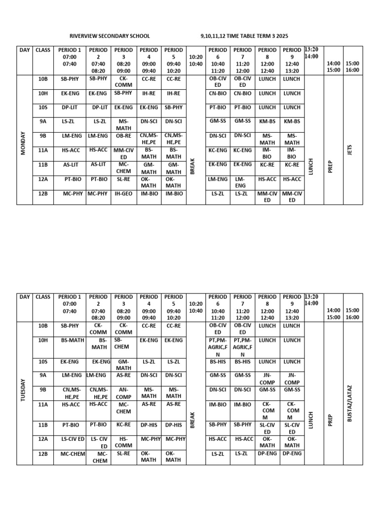 Riverview Secondary Time Table 9,10,11,12 Term 3 2025 | PDF