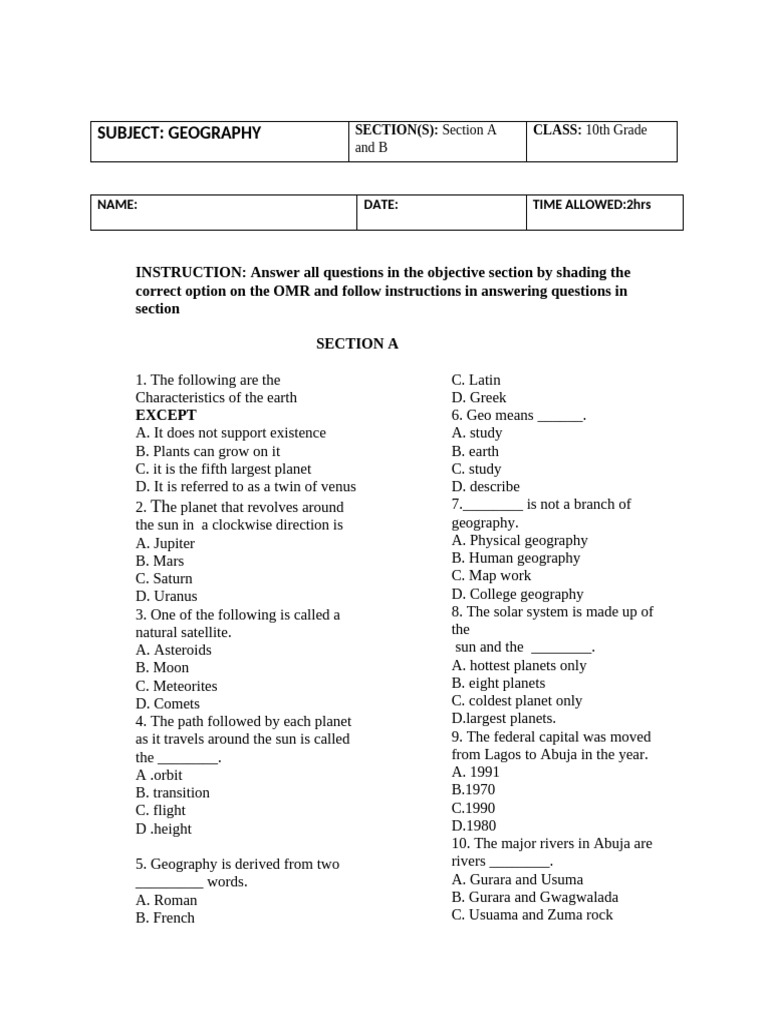 SS1 Geography First Term Exam Questions | PDF | Planets | Planets In ...