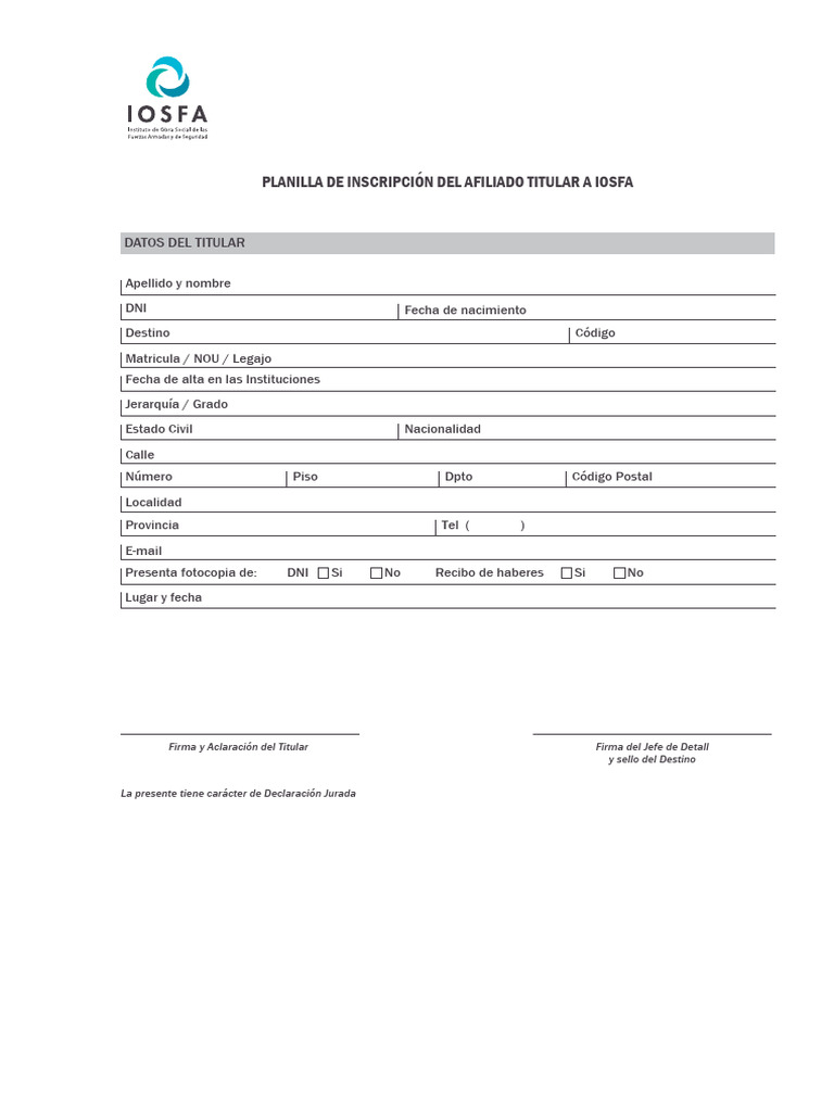N1 Planilla de Inscripcion Del Afiliado Titular A Iosfa | PDF