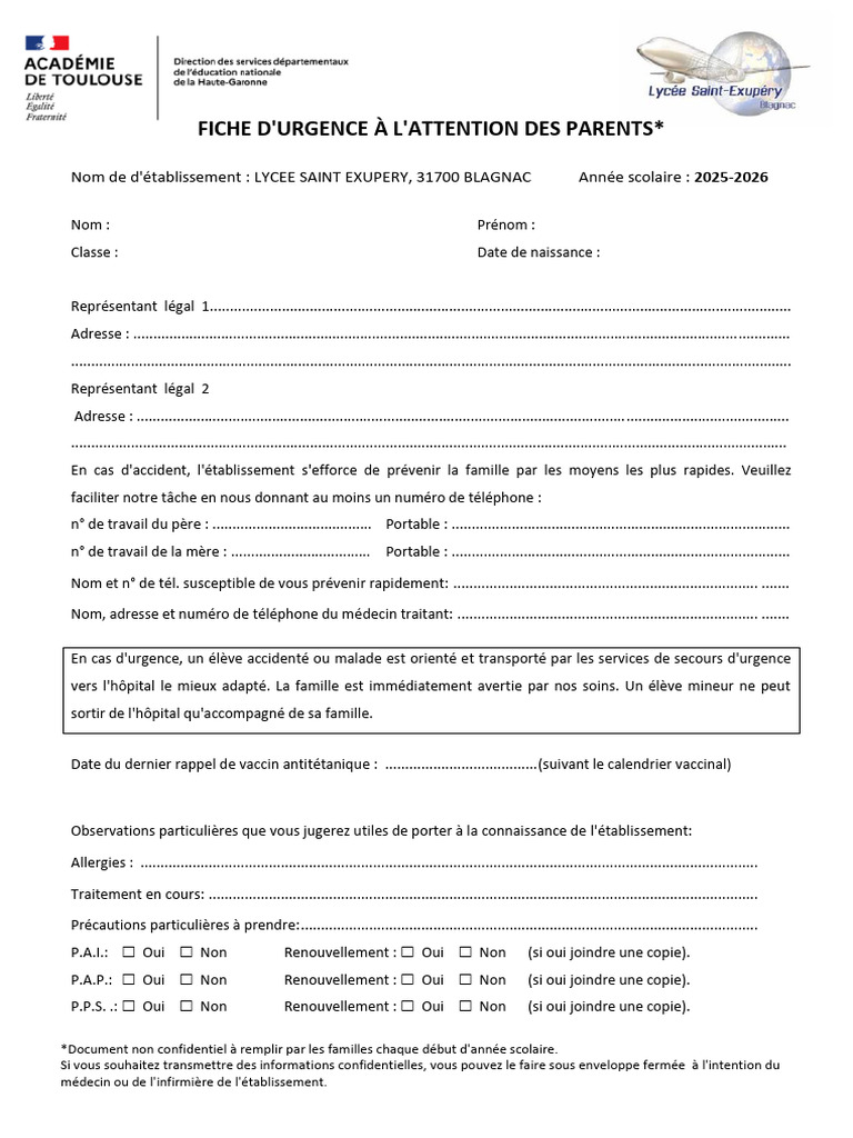 Fiche d'urgence pour parents 2025-2026 | PDF | Sciences de la santé ...