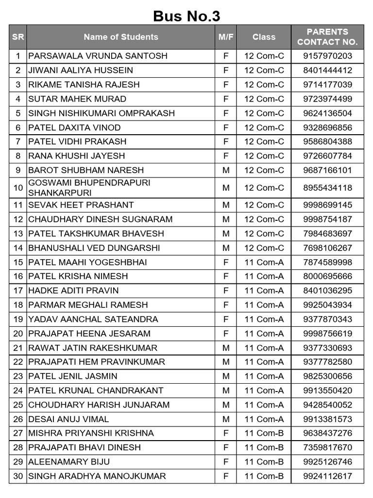 Bus No.3 Student Contact List | PDF