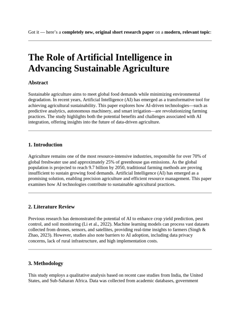 The Role of Artificial Intelligence in Advancing Sustainable Agriculture | PDF | Agriculture ...