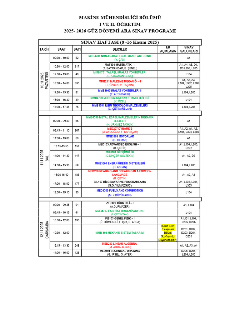 2025 2026 Guz Donemi Ara Sinav Programi | PDF