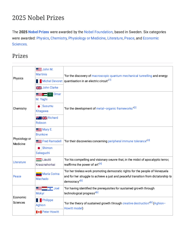 2025 Nobel Prizes - Wikipedia | PDF