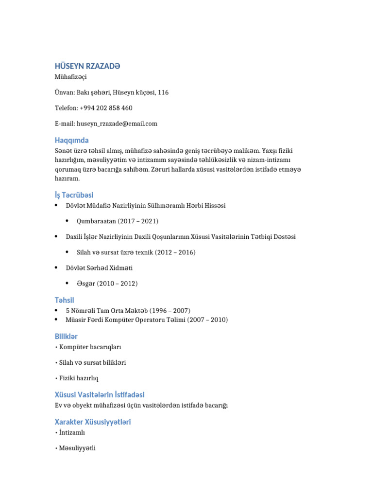 Huseyn Rzazade CV | PDF