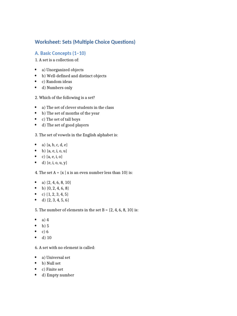 Sets Worksheet MCQ | PDF