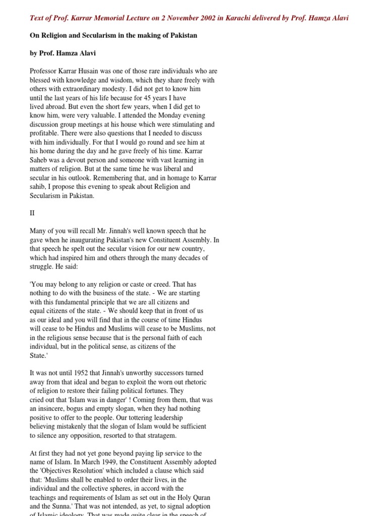 On Religion and Secularism in The Making of Pakistan SACW 2002 Hamza ...