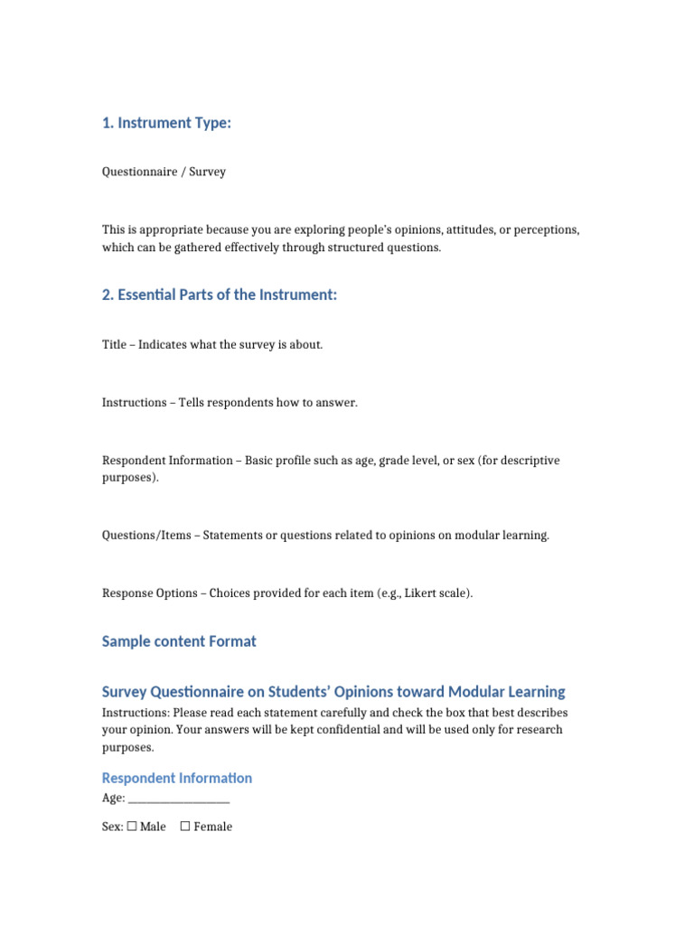 Survey Questionnaire Modular Learning Checklist | PDF