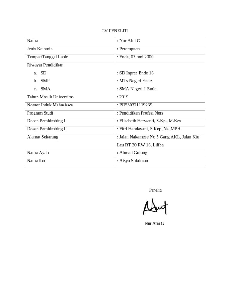 Cv Peneliti Nur Afni g | PDF