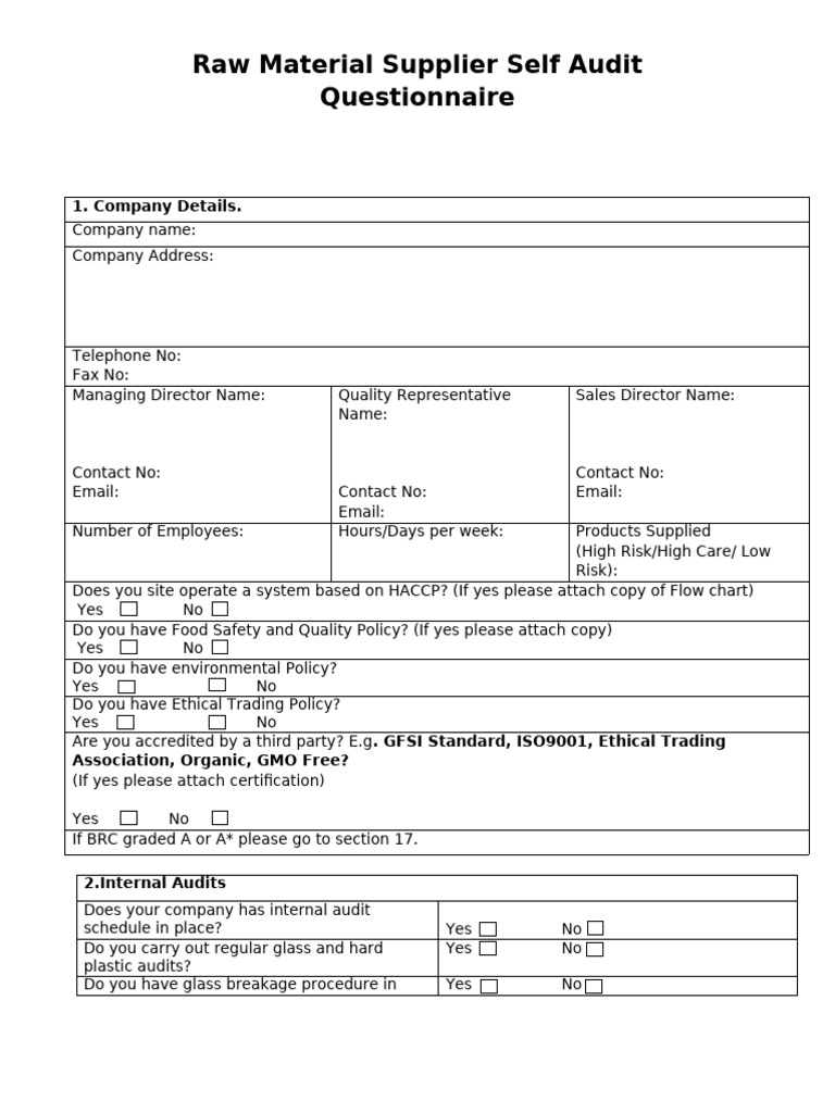 Raw Material Supplier Audit Checklist | PDF | Audit | Employment