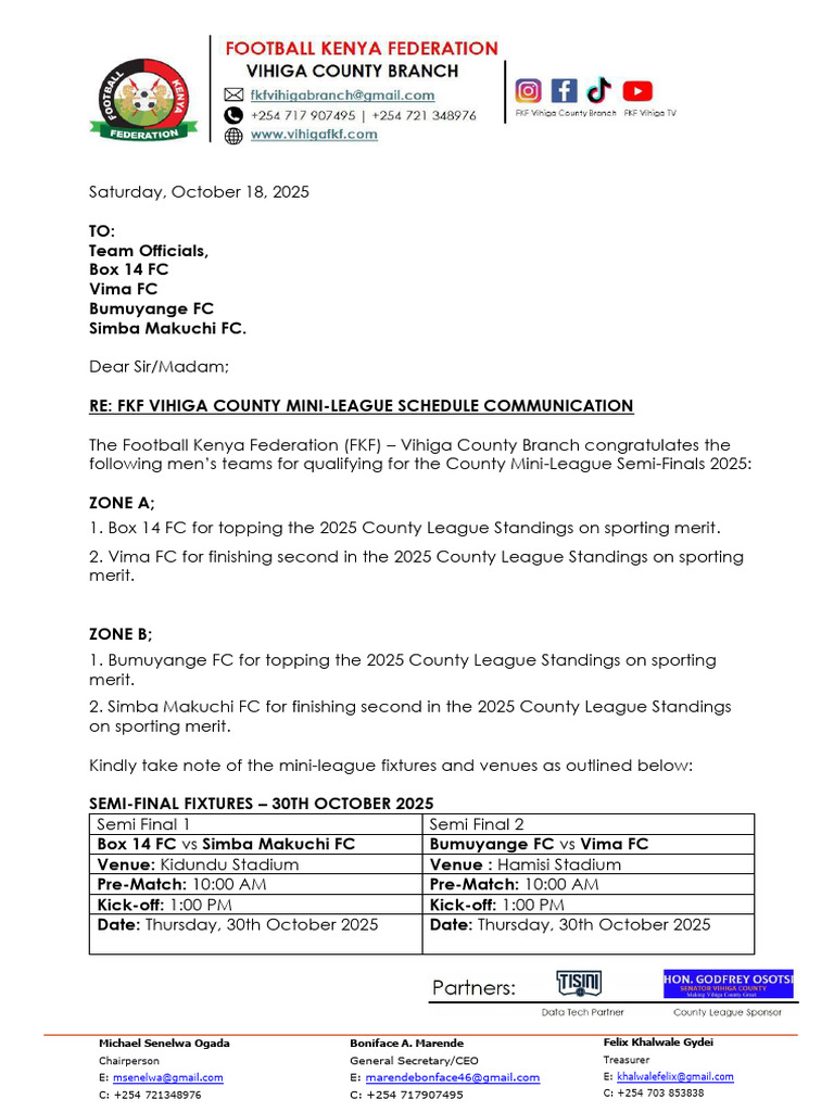 FKF Vihiga County Mini-League Men Semi-Final Fixtures and Final Schedule | PDF