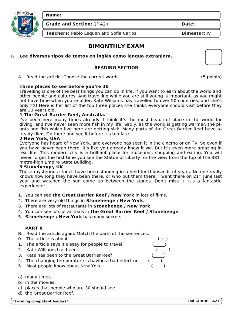 2ndgrade A2+ Monthly Exam - Pablo | PDF | Linguistics