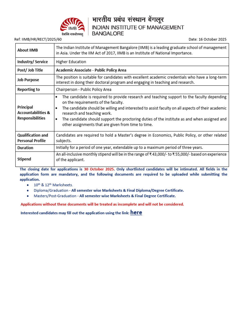 About IIMB Industry/ Service Post/ Job Title Academic Associate ...