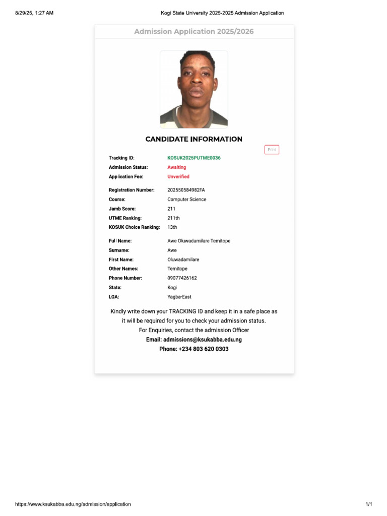 Ksuk Oluwadamilare 2025-26 Application Slip | PDF
