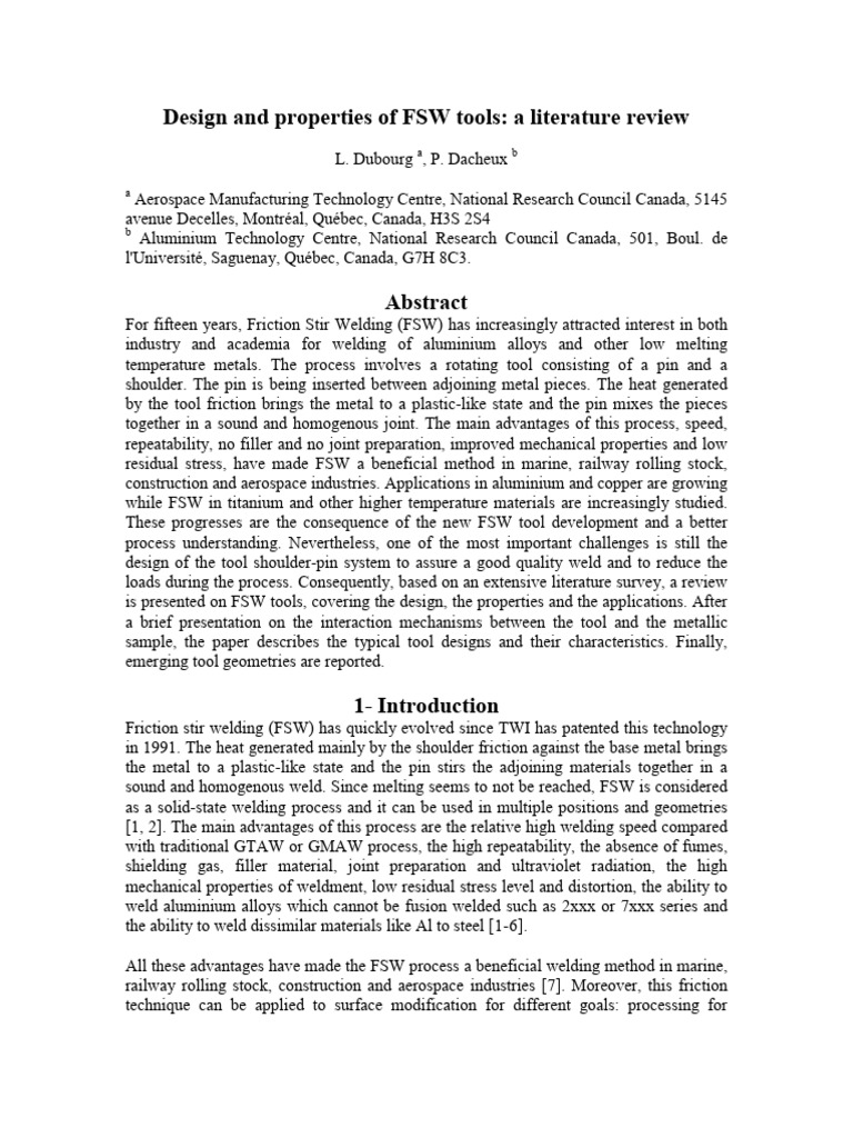 Design and Properties of FSW Tools - A Literature Review - Stirweld ...