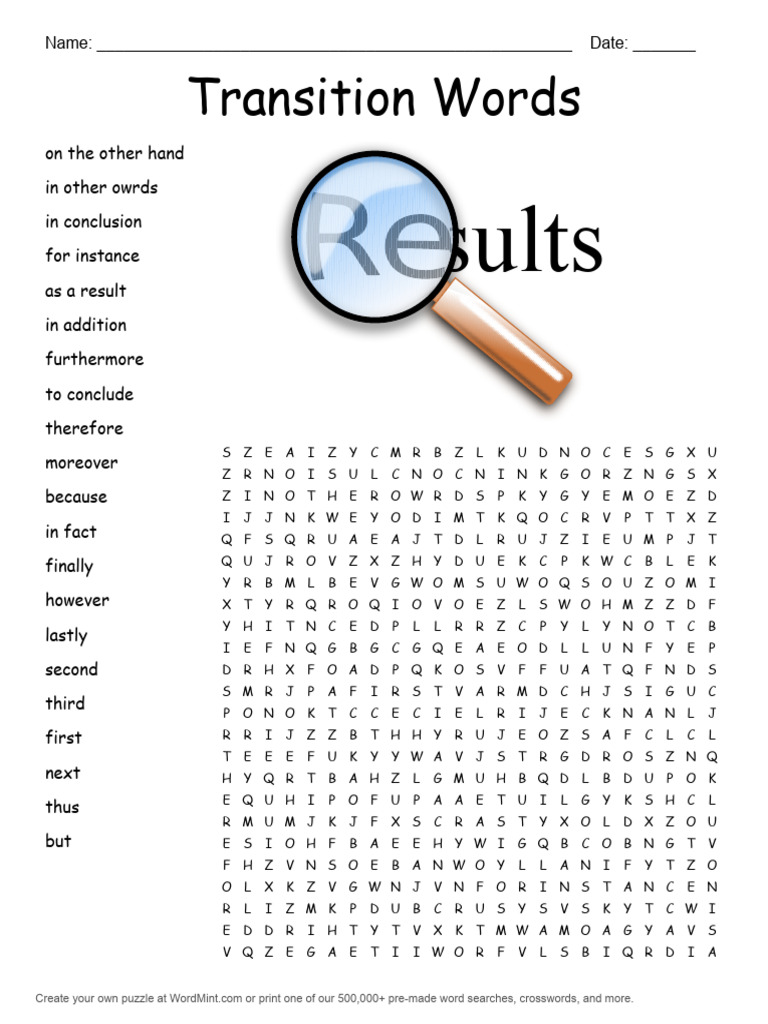Transition Words Word Search - WordMint | PDF | Puzzles | Word Puzzles