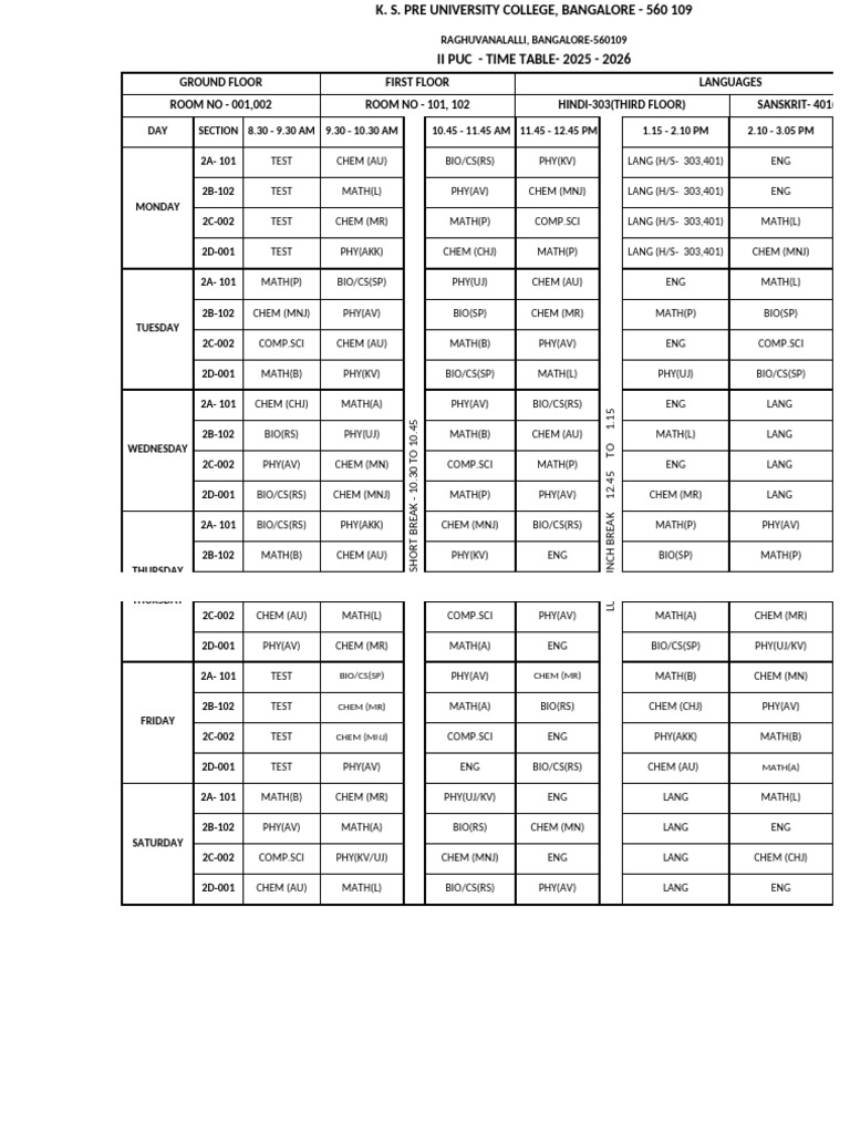 II PUC Time Table 2025-2026 | PDF | Higher Education
