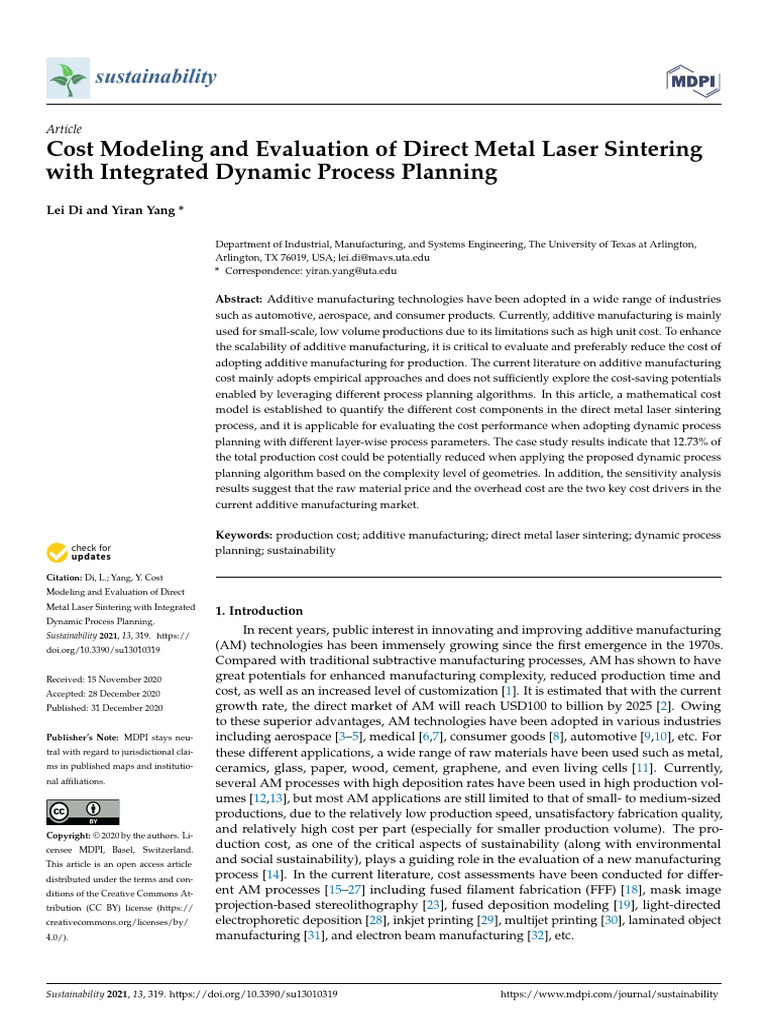 Cost Modeling and Evaluation of Direct Metal Laser Sintering With ...
