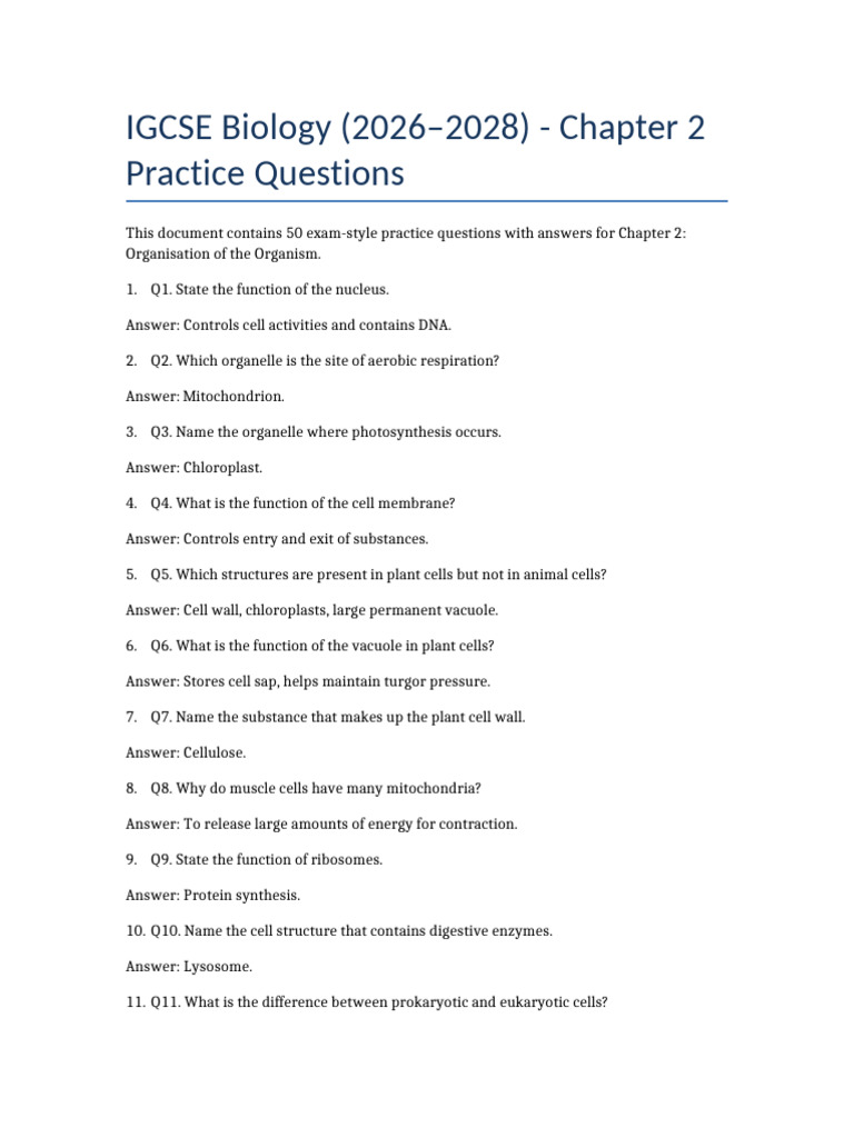 IGCSE Biology Chapter 2 Practice Questions | PDF | Cell (Biology ...