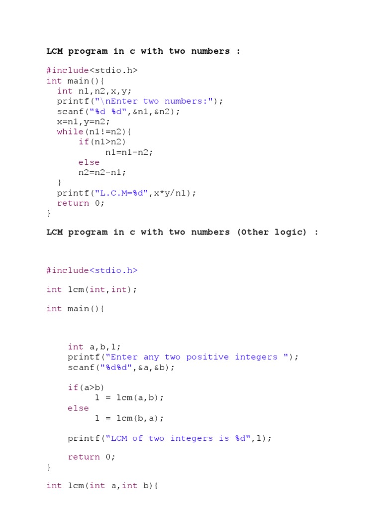 C Programs for LCM and GCD Calculation | PDF | Teaching Methods & Materials | Computers