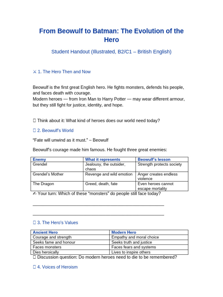 From Beowulf to Batman Student Handout | PDF