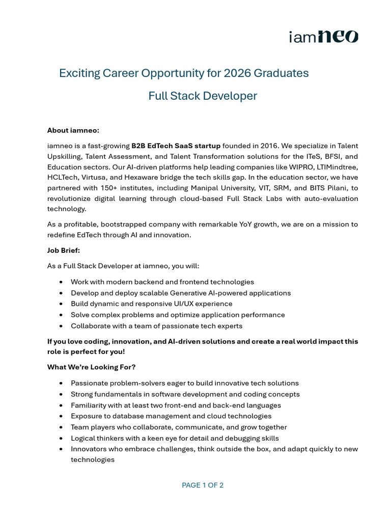 Full Stack JD for Campus Placement 2026 Batch | PDF | Educational Technology | Computing