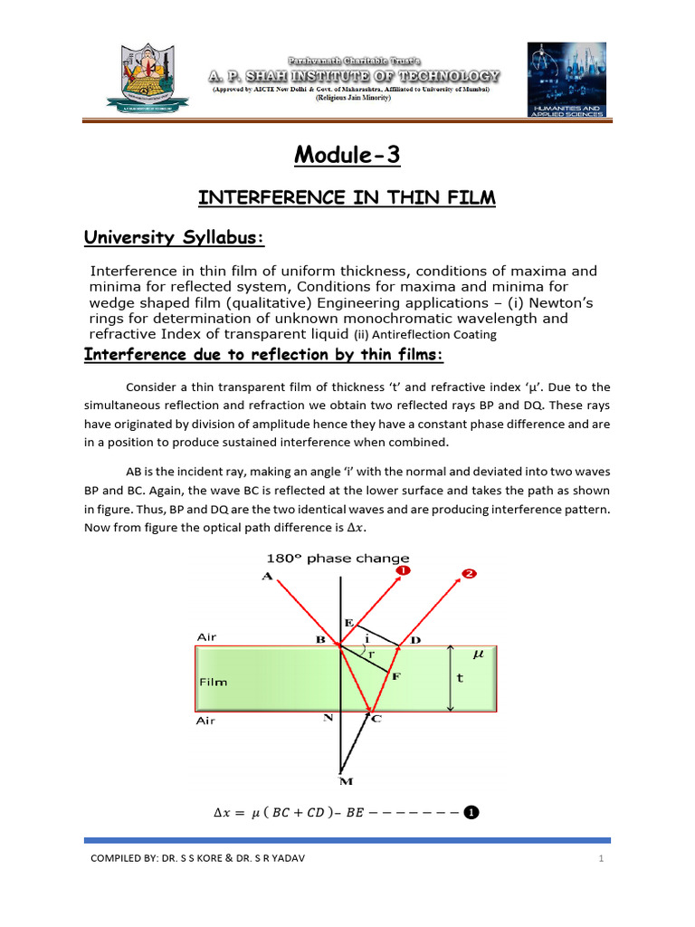 Interference in Thin Films Explained | PDF | Refractive Index ...