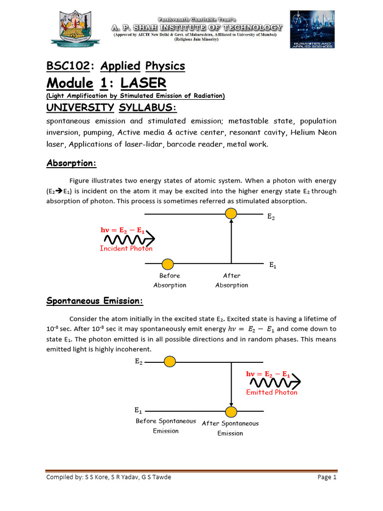 Module 1 Laser Applied Physics 2024 | PDF | Laser | Emission Spectrum