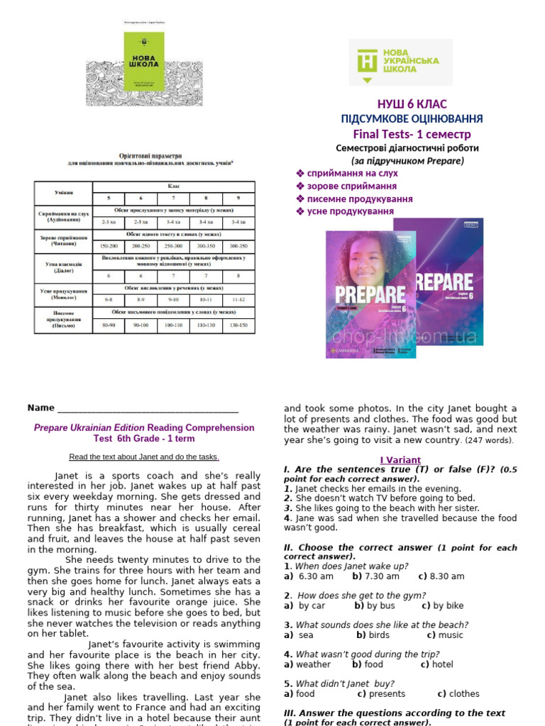 6th Grade Ukrainian Comprehension Test | PDF | Lunch