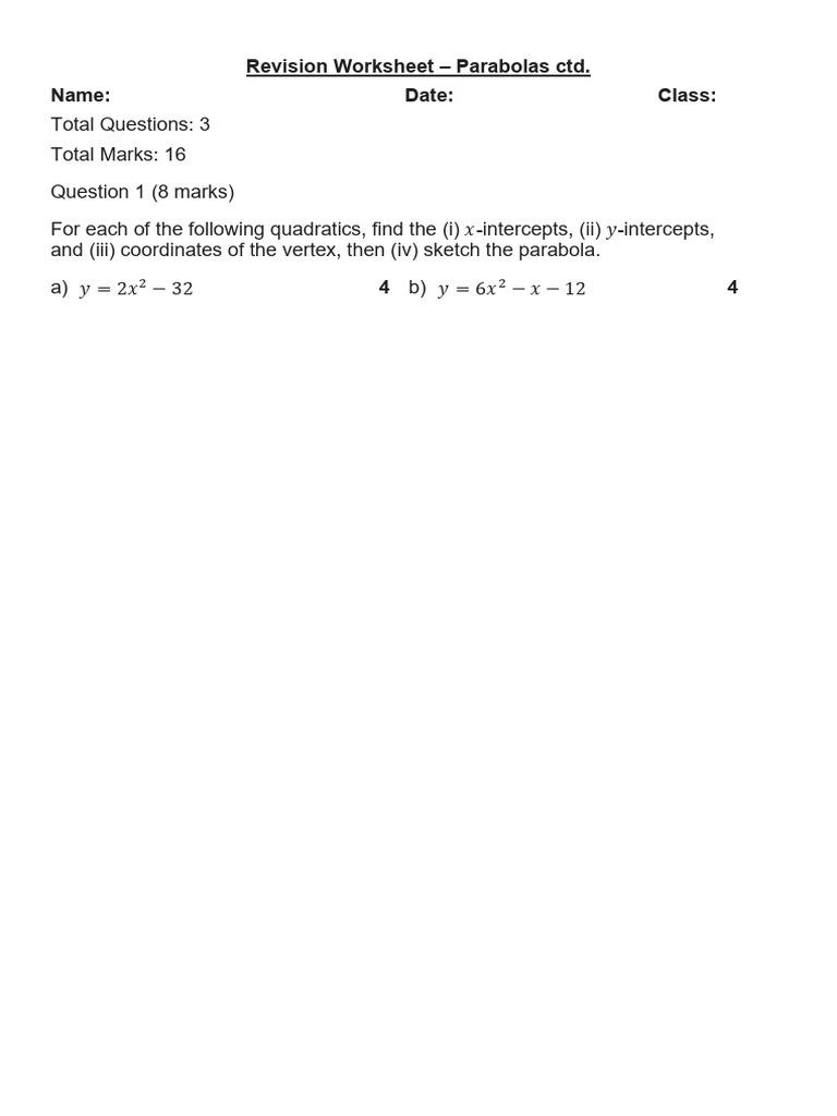 Parabola Revision Worksheet | PDF