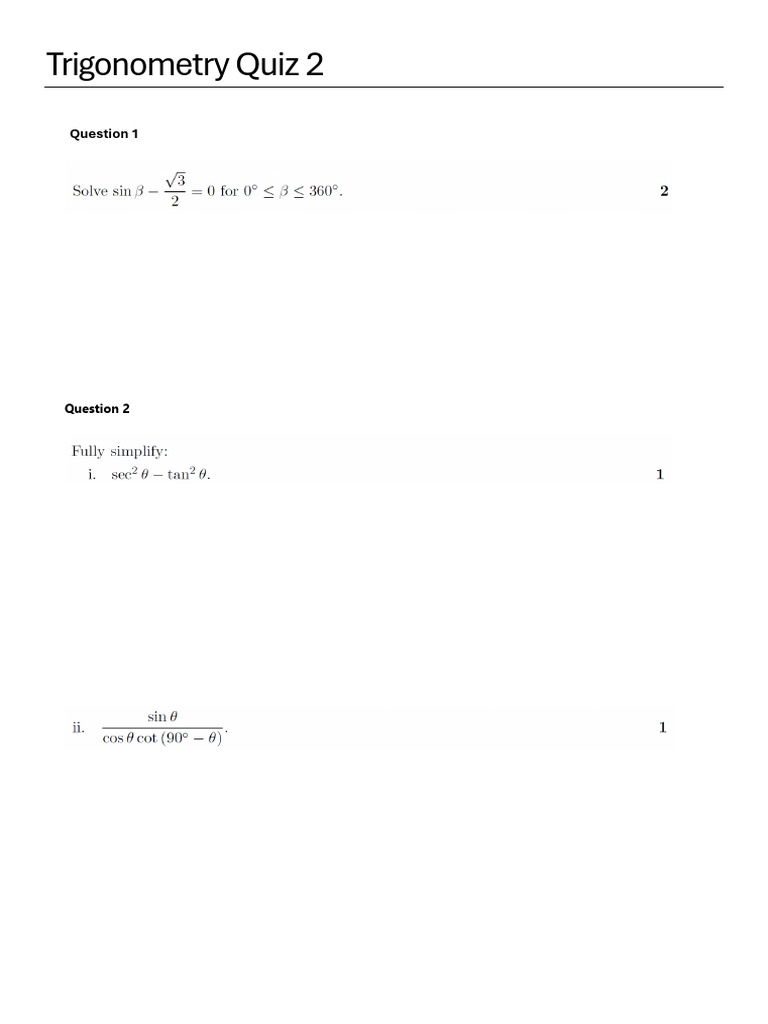 Trigonometry Quiz Solutions Explained | PDF