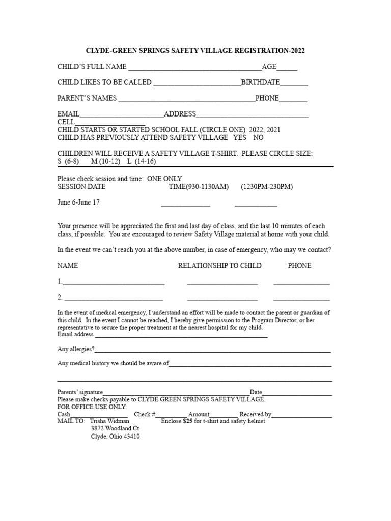 Safety Village Registration Form 2022 | PDF